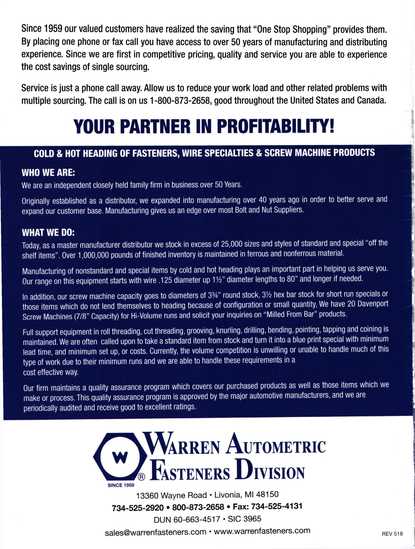 YOUR PARTNER IN PROFITABILITY! – Warren Autometric Fasteners